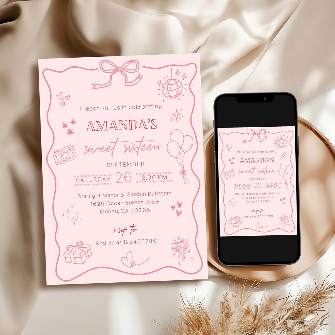 Editable Sweet 16 Birthday Invitation, Pink Bow 16th Birthday Party ...