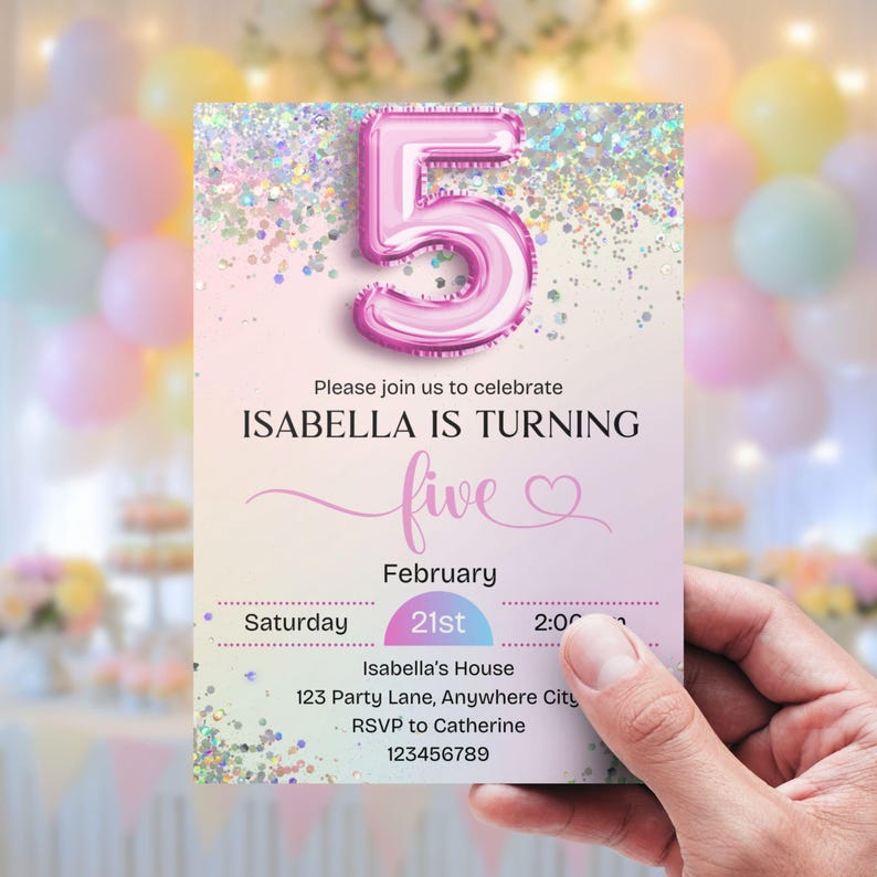 Editable 5th Birthday Invitation Girl, Pink Glitter 5th Birthday Party ...