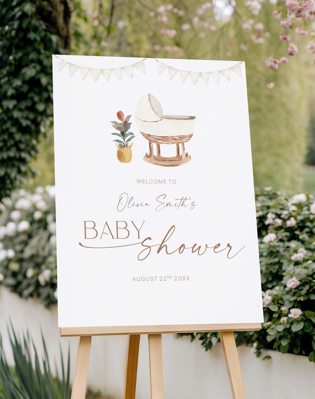 Neutral Boho Baby Shower Welcome Sign, Beige Bassinet Bunting (digital ...