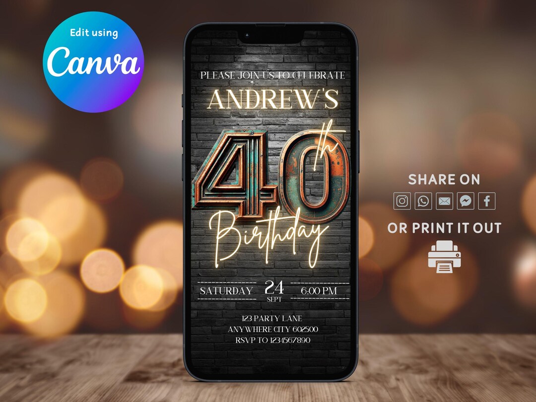 Digital 40th Birthday Invitation Men, Animated 40th E-vite, Digital ...