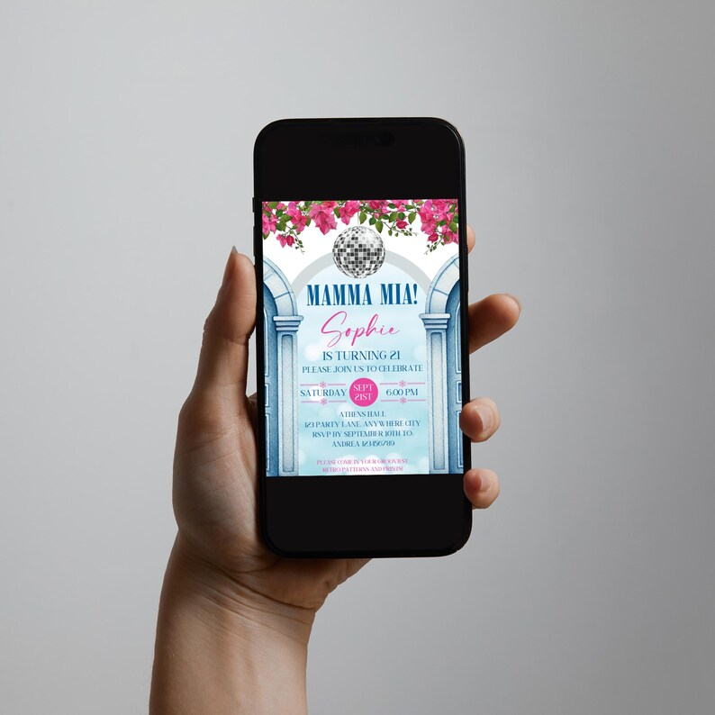 Dancing Queen Birthday Invitation, Retro Greek Island Theme (digital ...
