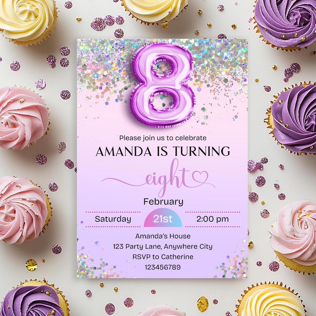 Editable 8th Birthday Invitation Girl, Purple Glitter 8th Birthday ...