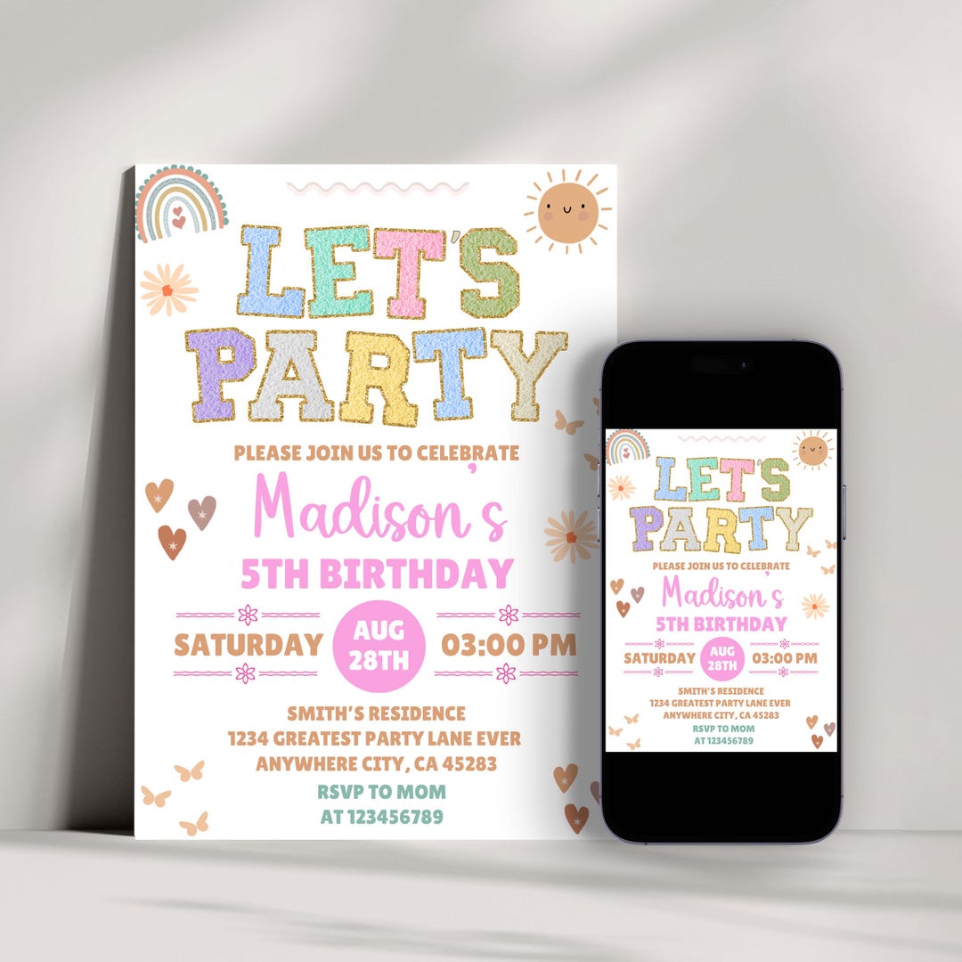 Editable Patch Letter Invitation, Preppy Invitation Girl, Cute Boho ...