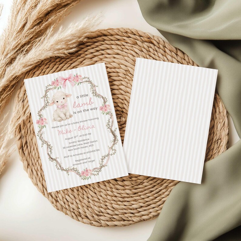 Little Lamb Baby Shower Invitation, Lamb With Pink Bow Girl Shower ...