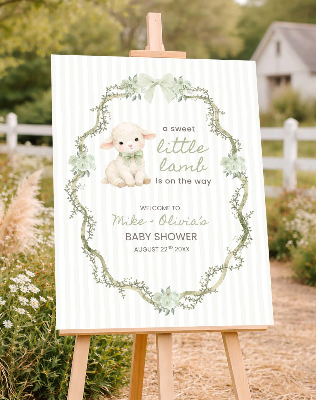 Little Lamb Baby Shower Welcome Sign, Lamb With Green Bow Welcome ...