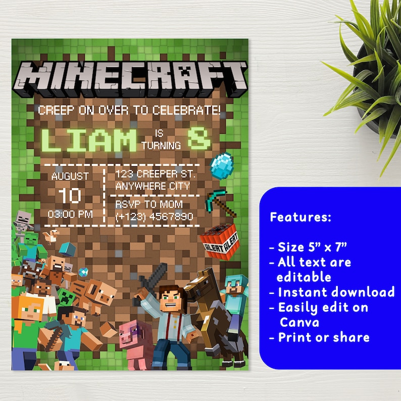 Minecrafter Birthday, Minecrafter, Boy Invitation, Gamer Invitation ...