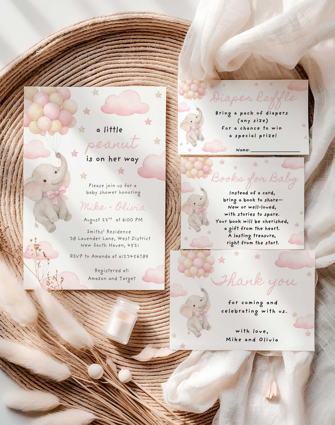 A Little Peanut Baby Shower Invitation Bundle, Elephant With Pink ...