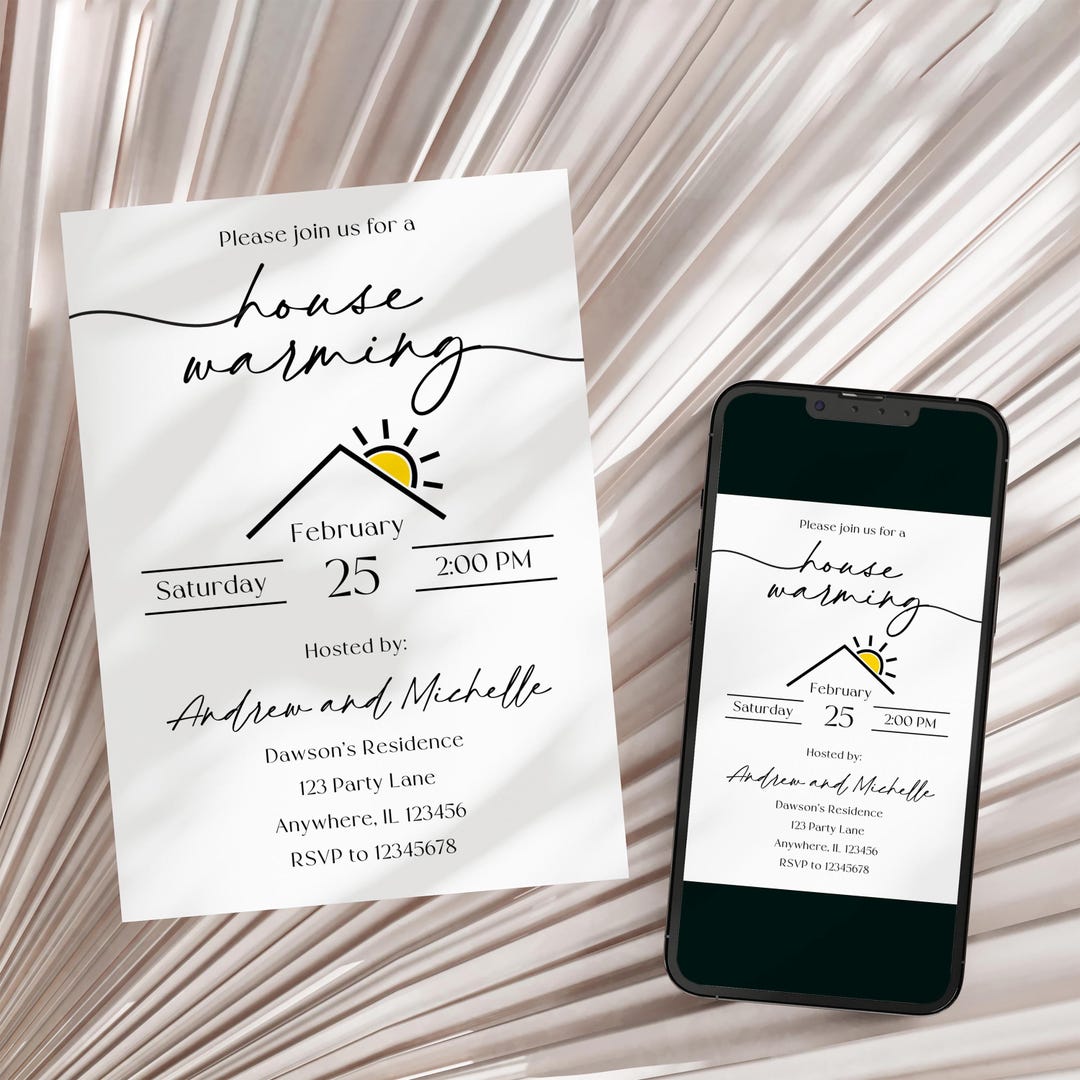 Editable House Warming Invitation, Simple Black White House Sun ...