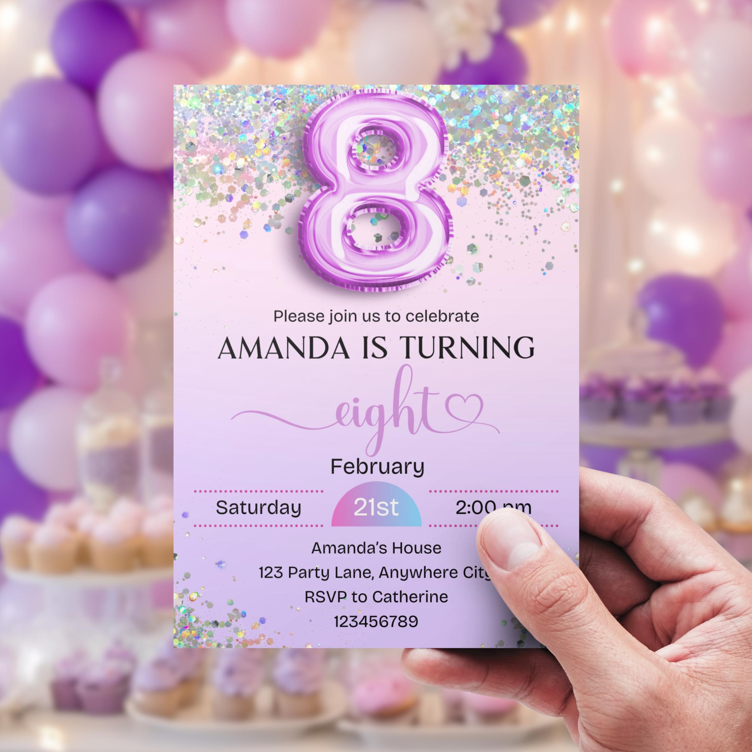 Editable 8th Birthday Invitation Girl, Purple Glitter 8th Birthday ...