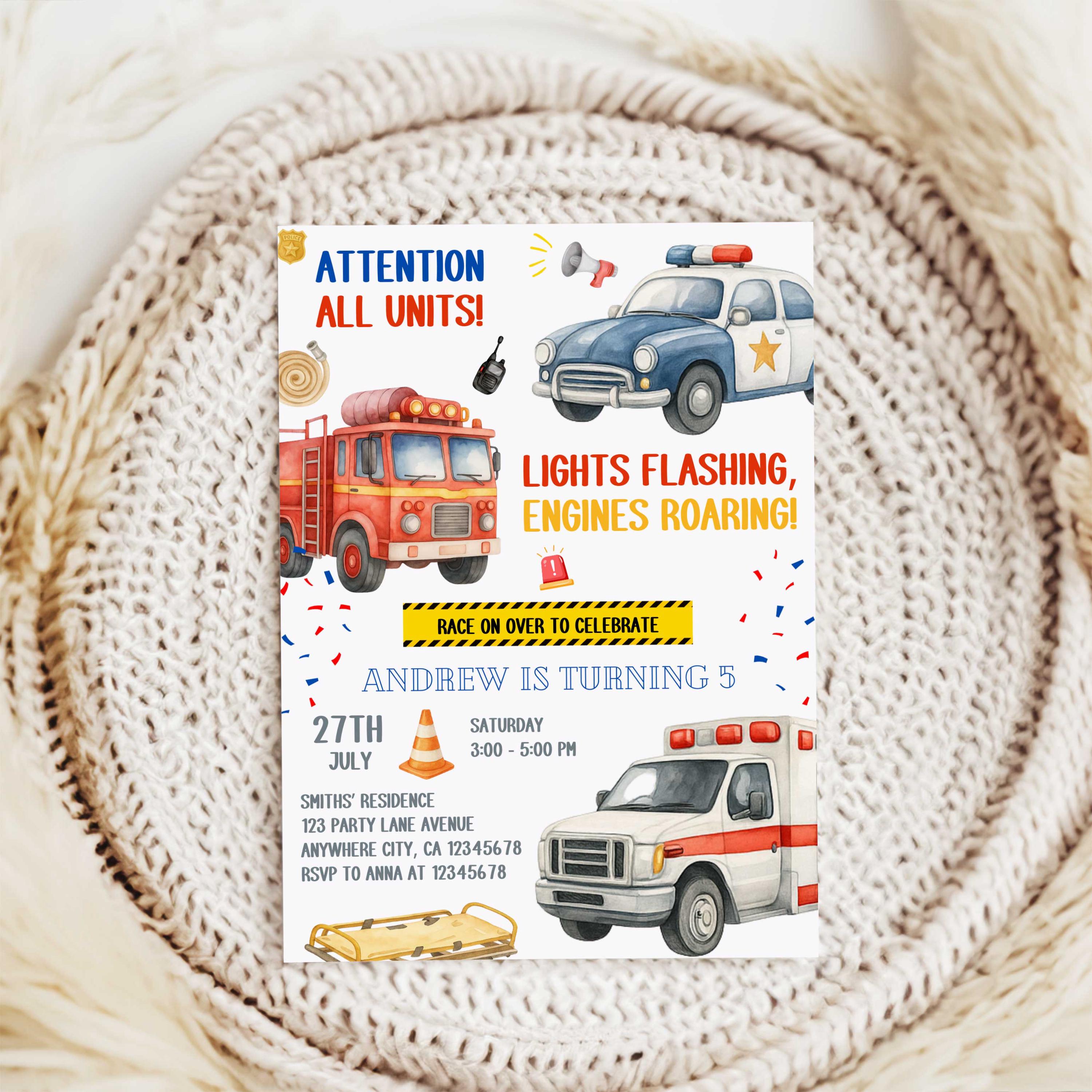 Editable Emergency Vehicles Birthday Invitation, Police Fire Truck ...