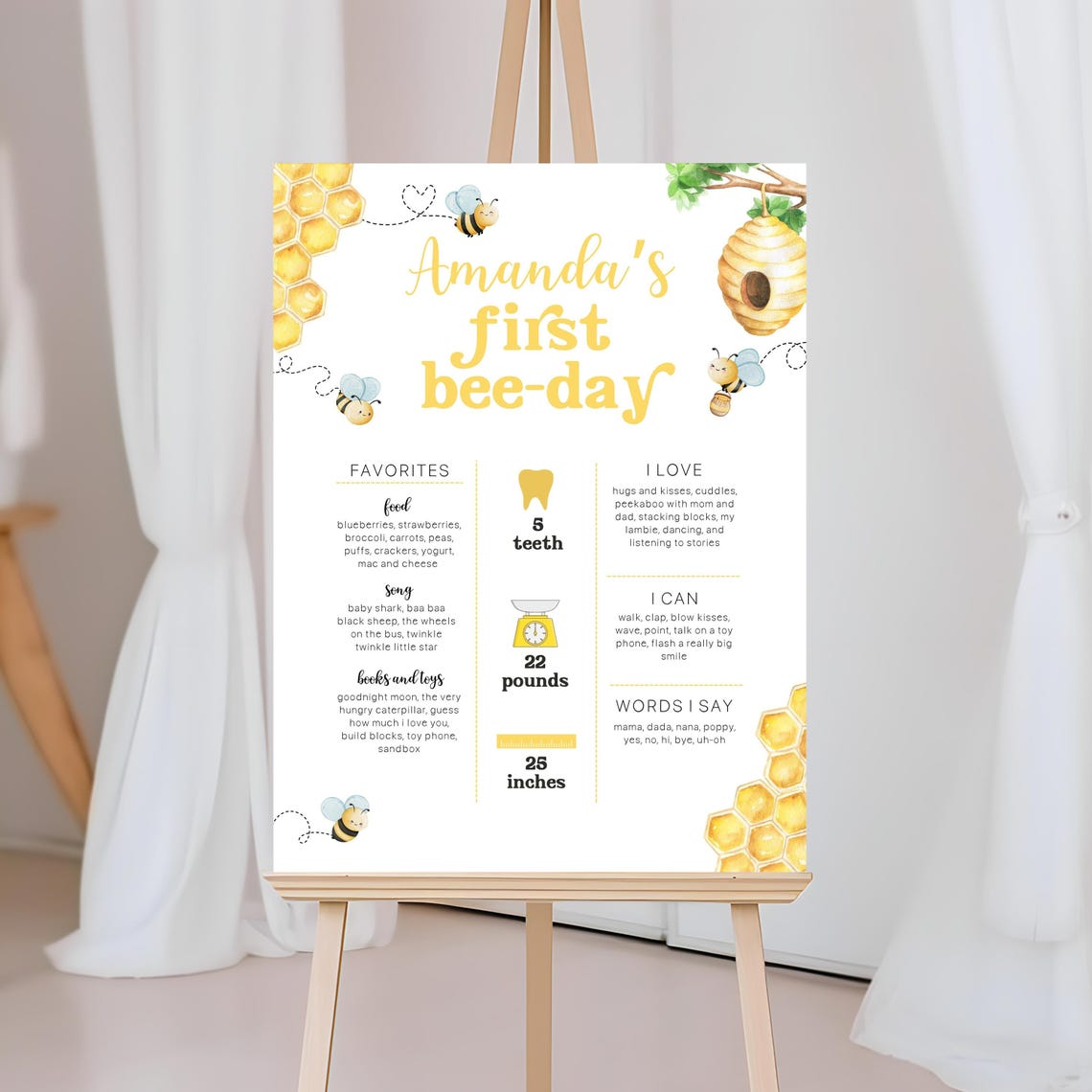 Bee 1st Birthday Milestone Poster: Editable Honeycomb Party Decor ...