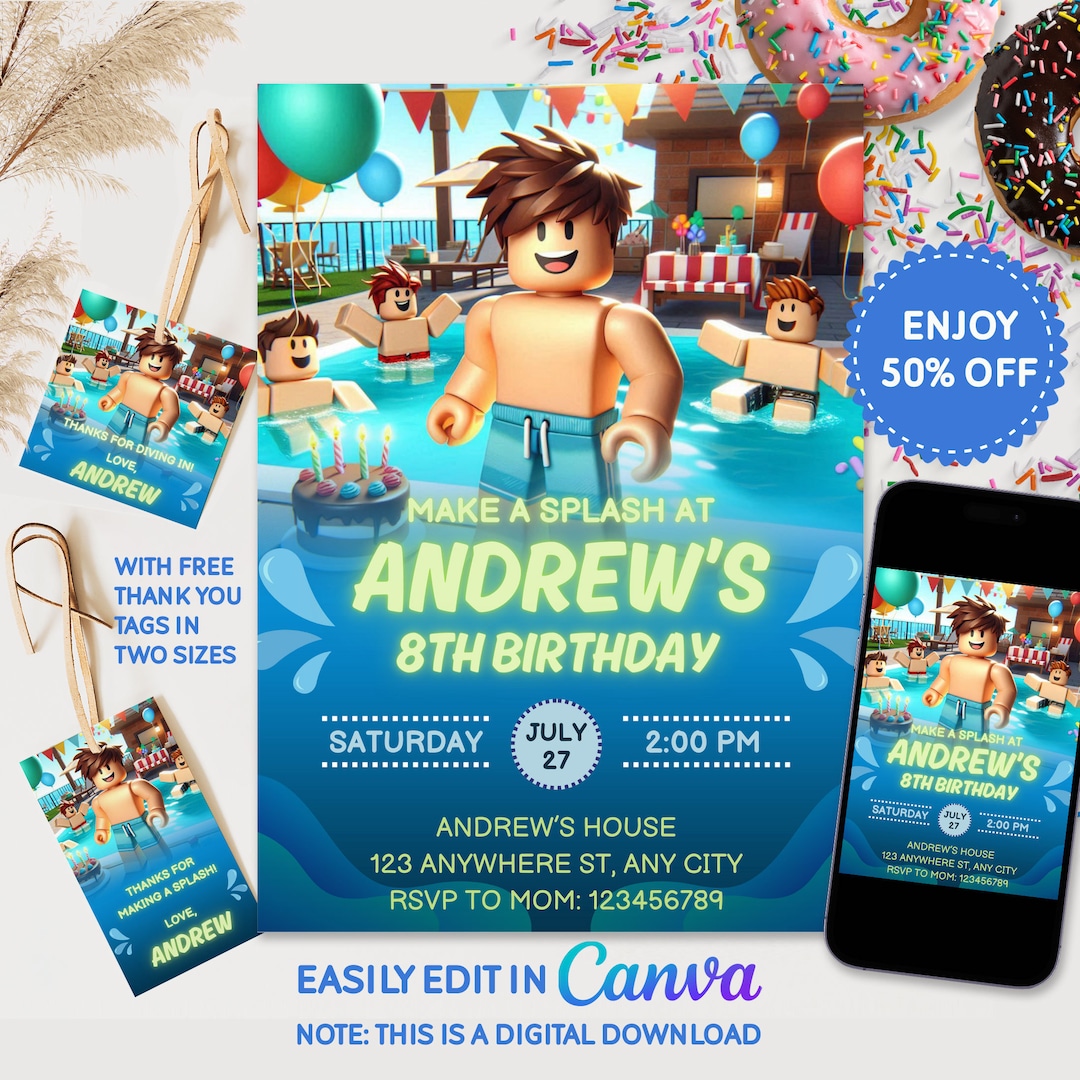 Editable Roblox Birthday Invitation, Roblox Pool Party Invite, Digital ...
