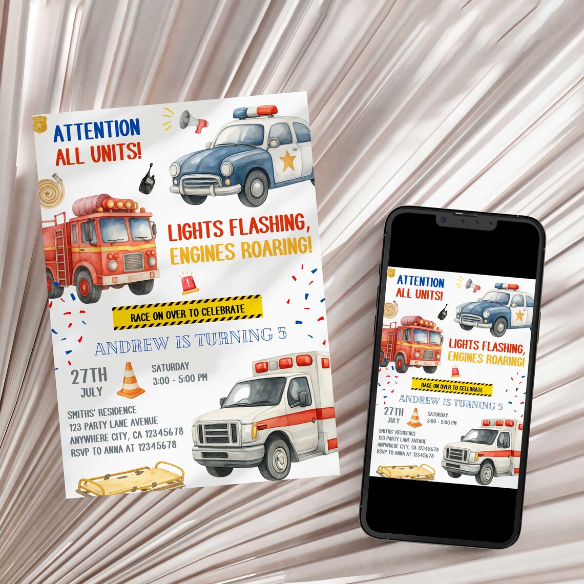 Editable Emergency Vehicles Birthday Invitation, Police Fire Truck ...