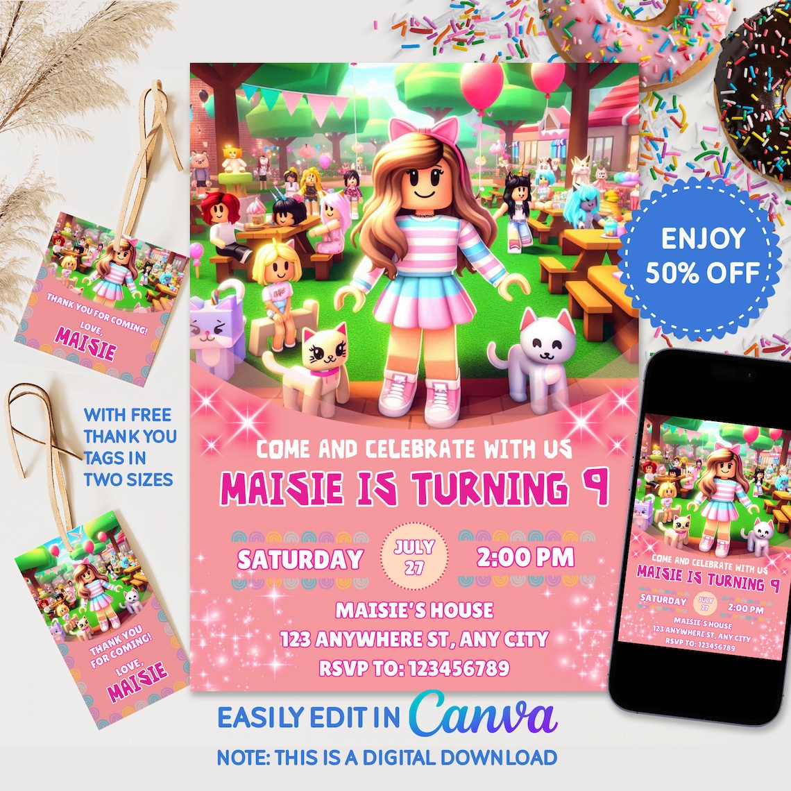 Roblox Girl Birthday Invitation, Girl Roblox Bday Invitation, Digital ...
