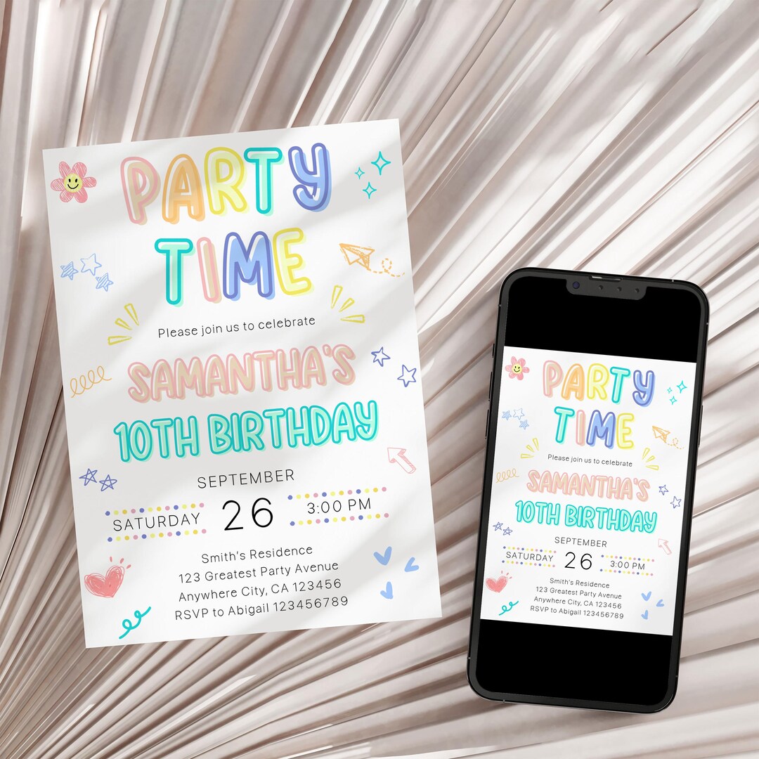 Simple Colorful Party Invite for Girls, Editable Pastel Birthday Party ...