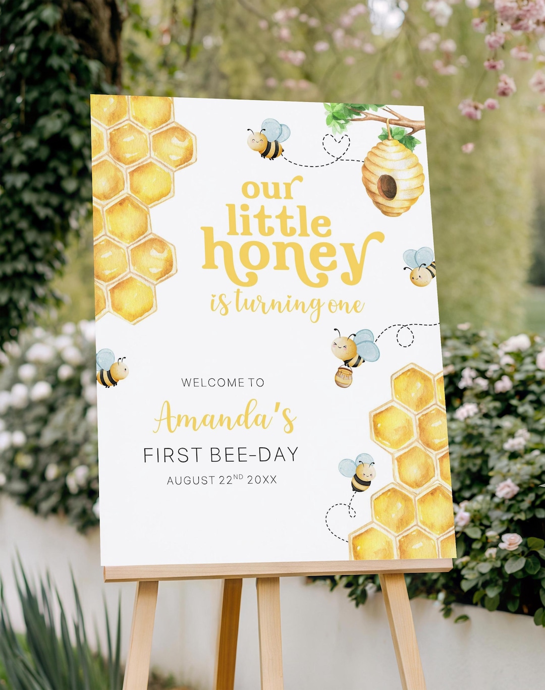 First Bee-day Birthday Welcome Sign, Bee Honeycomb 1st Birthday Welcome ...