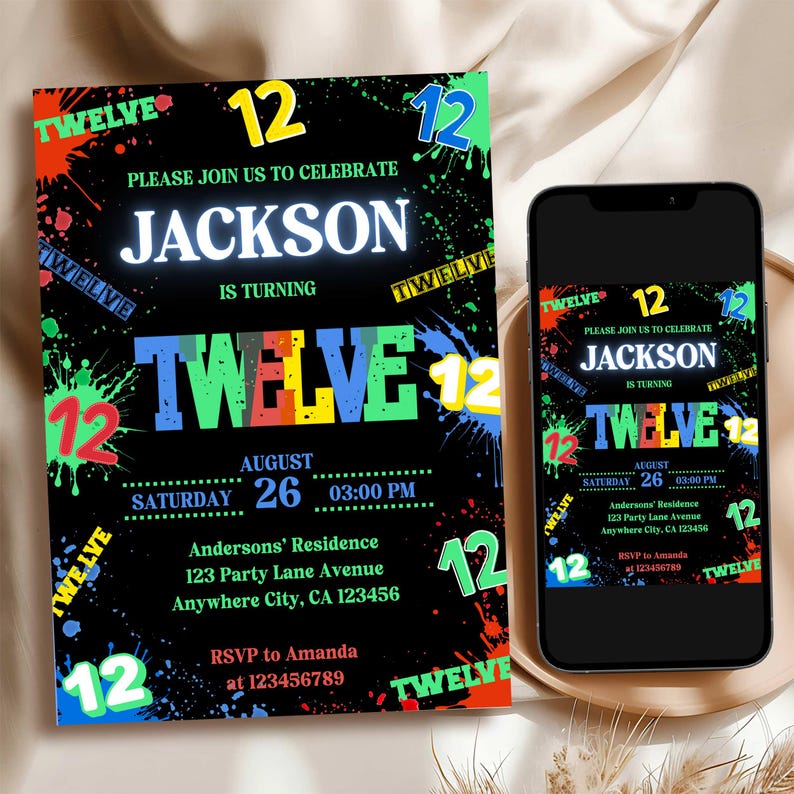 Editable 12th Birthday Invitation Boy Birthday Party Invite Numbers ...