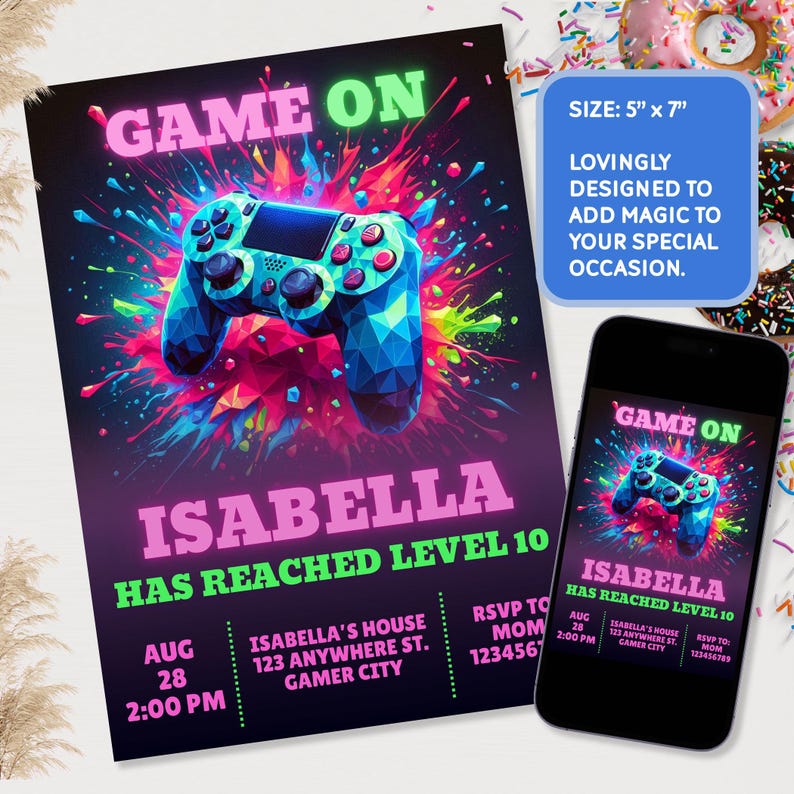 Girl Gamer Birthday Invitation, Neon Game on Party (digital Download ...