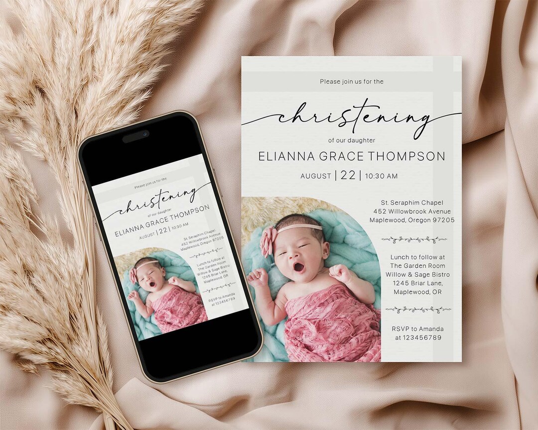 Modern Christening Photo Invitation, Editable Minimalist Christening ...