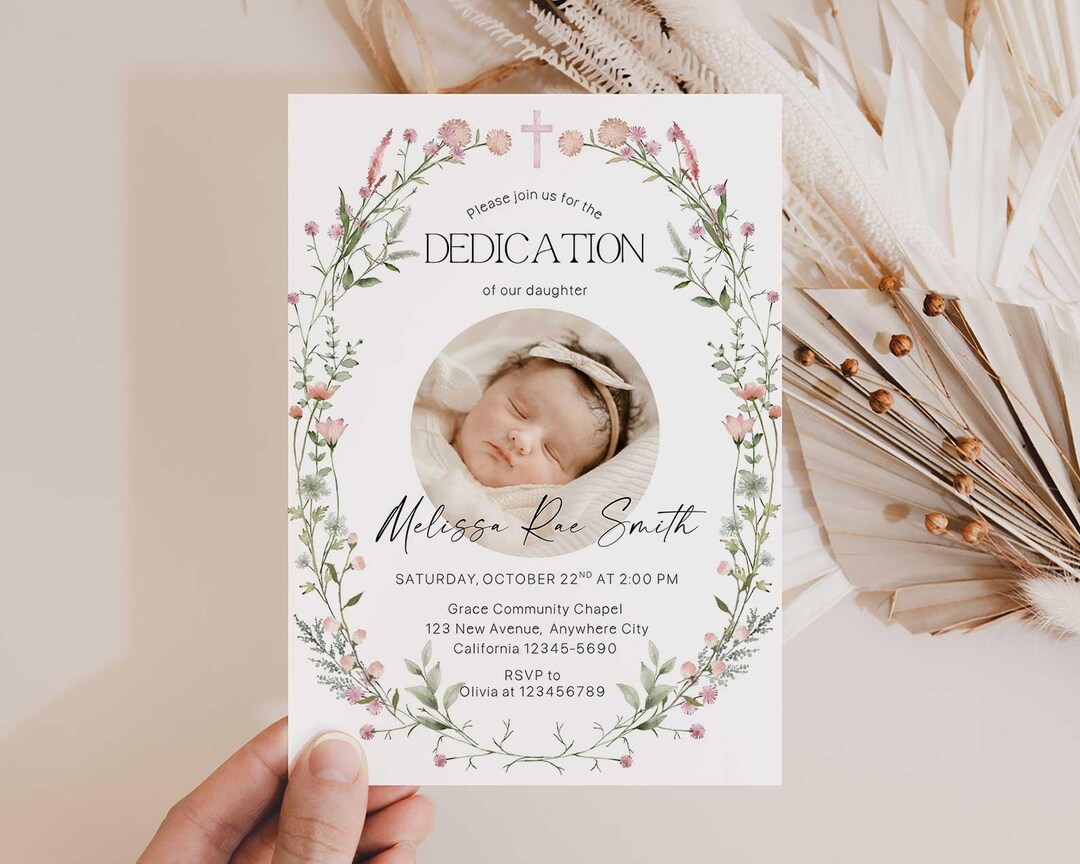 Wildflower Child Dedication Invitation With Photo, Editable Canva ...