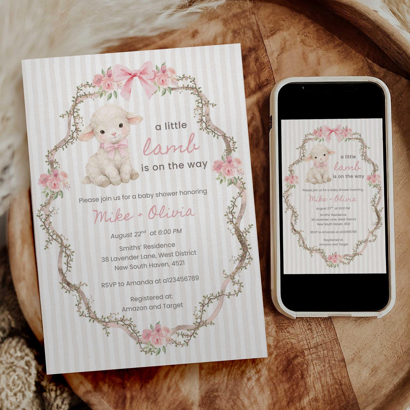 Little Lamb Baby Shower Invitation Bundle, Lamb With Pink Bow Girl ...