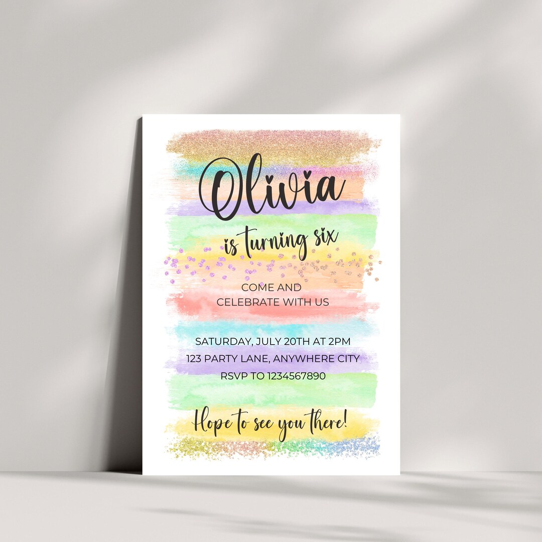 Watercolor Rainbow Birthday Invitation, Glitter Ombre (digital Download ...