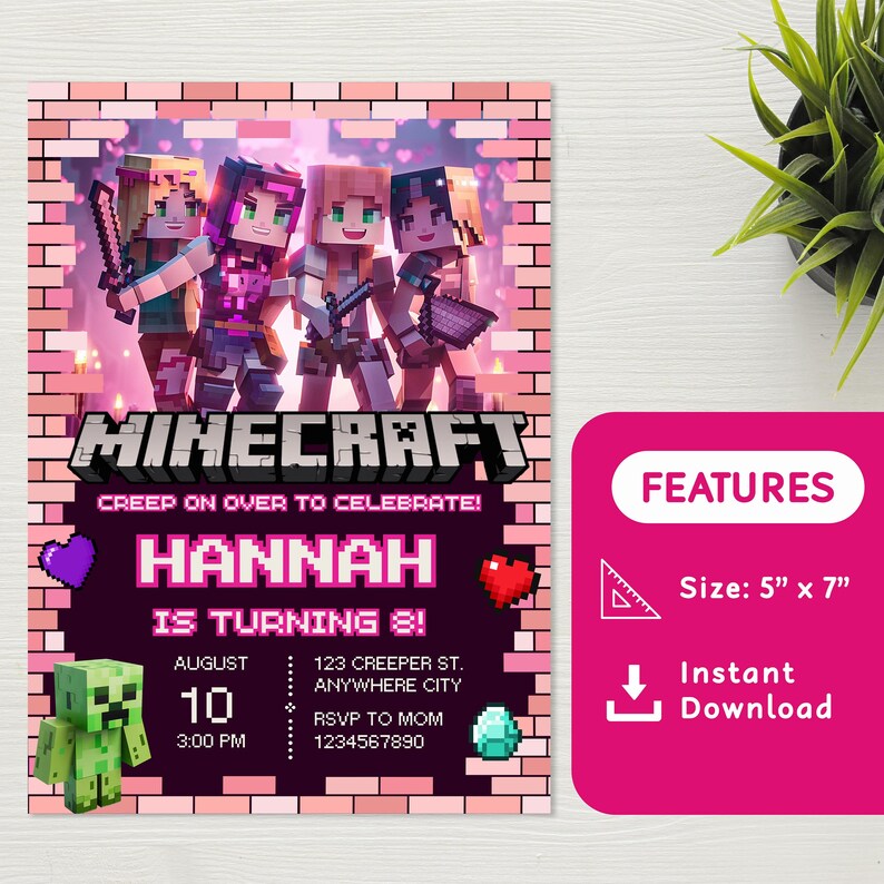 Minecrafter Birthday, Minecrafter, Girl Invitation, Gamer Invitation ...