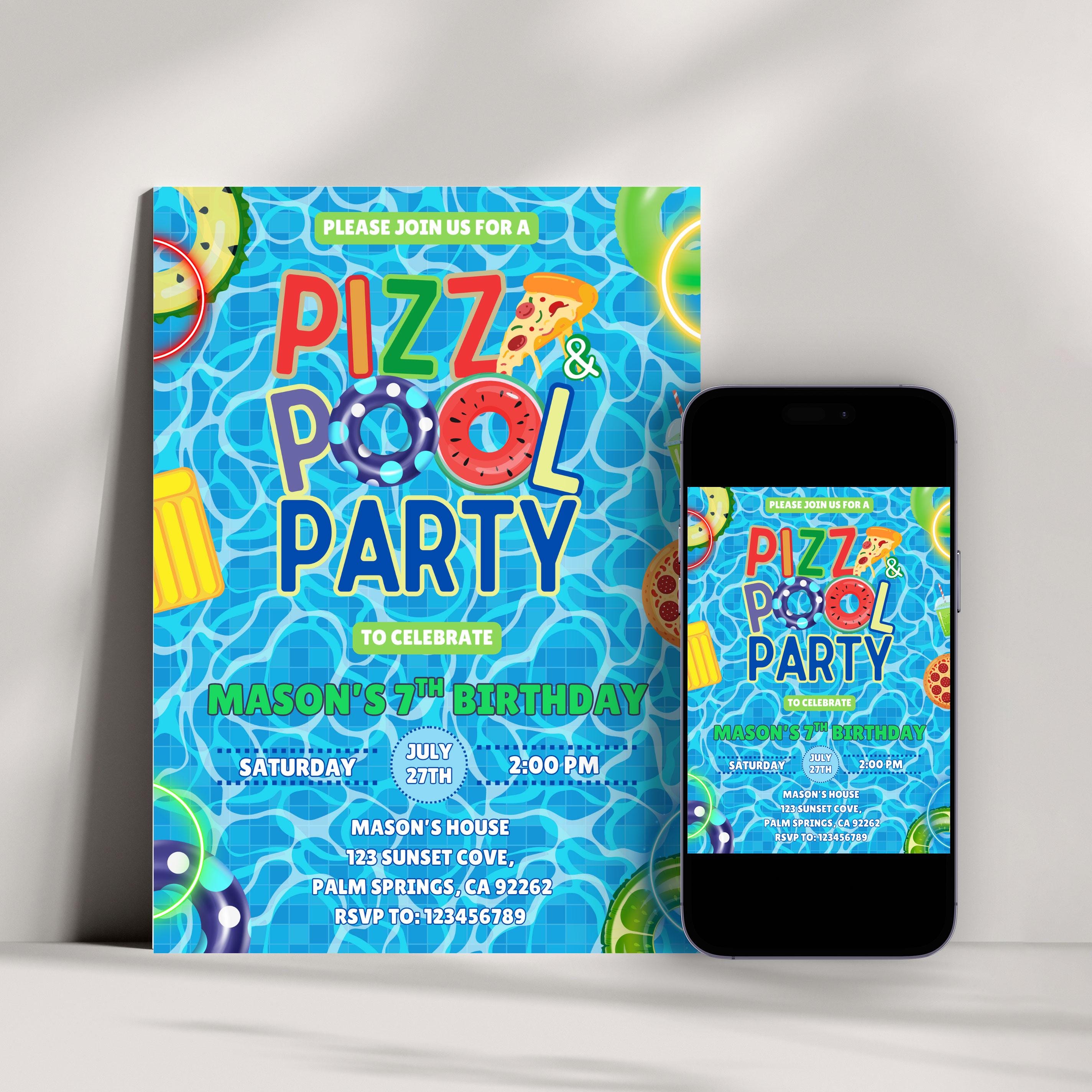 Pizza and Pool Party Birthday Invitation, Swimming Party Invitation ...
