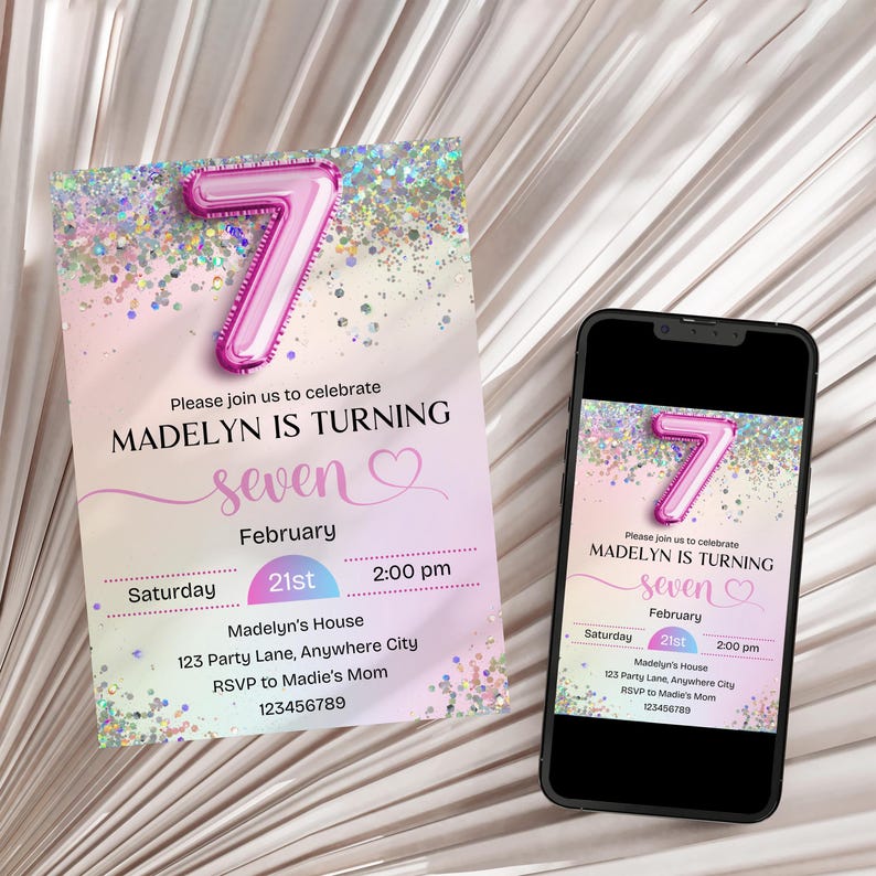 Editable 7th Birthday Invitation Girl, Pink 7th Birthday Invitation ...