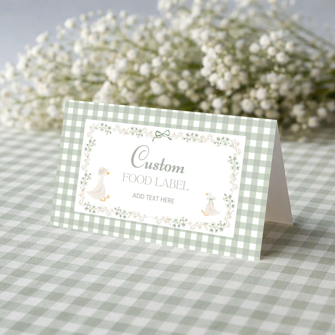 Silly Goose Baby Shower Food Labels, Sage Green Bow Gingham Tent Card ...