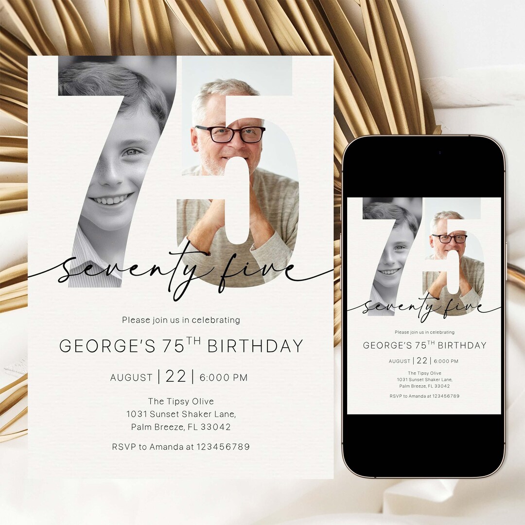 75th Birthday Number Photo Invitation, Minimalist Boho 75th Birthday ...