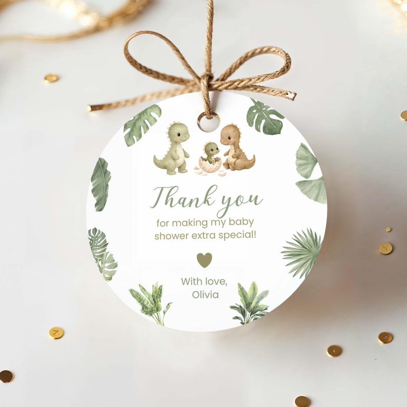 Dinosaur Baby Shower Round Thank You Tag, Editable Dino Baby Boy Favor ...
