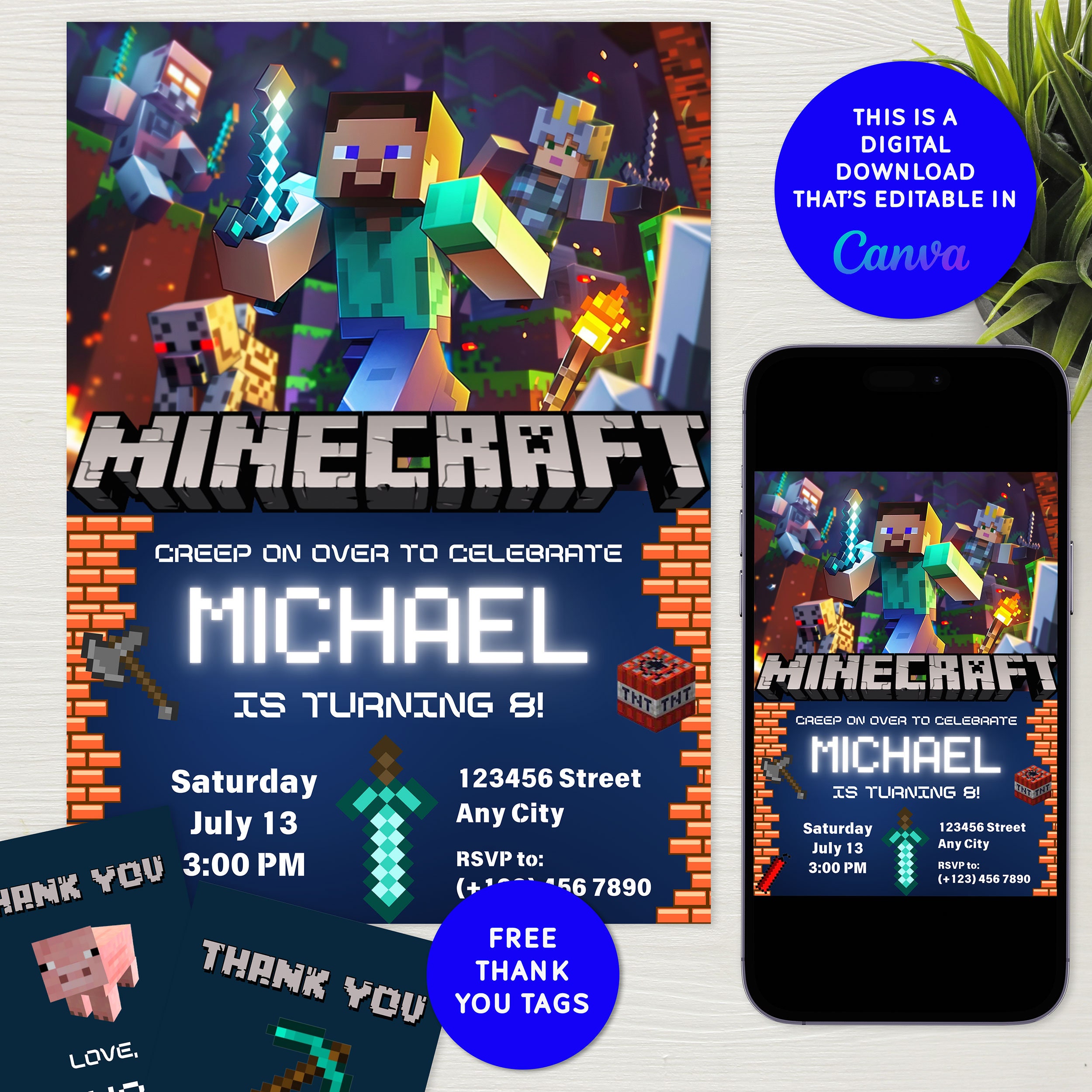 Editable Minecraft Birthday Invitation, Printable Minecraft Birthday ...