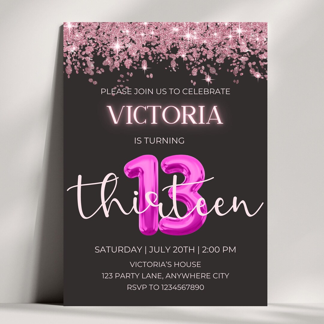 Editable 13th Birthday Invitation for Girls, Glitter Design 13th ...
