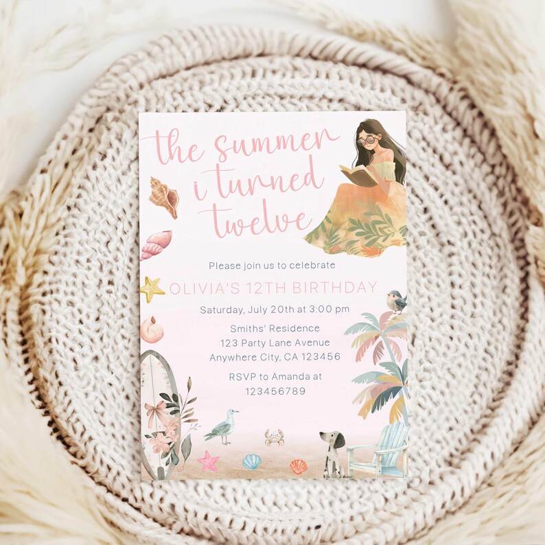 Editable Summer 12th Birthday Invitation, the Summer I Turned 12 Party ...