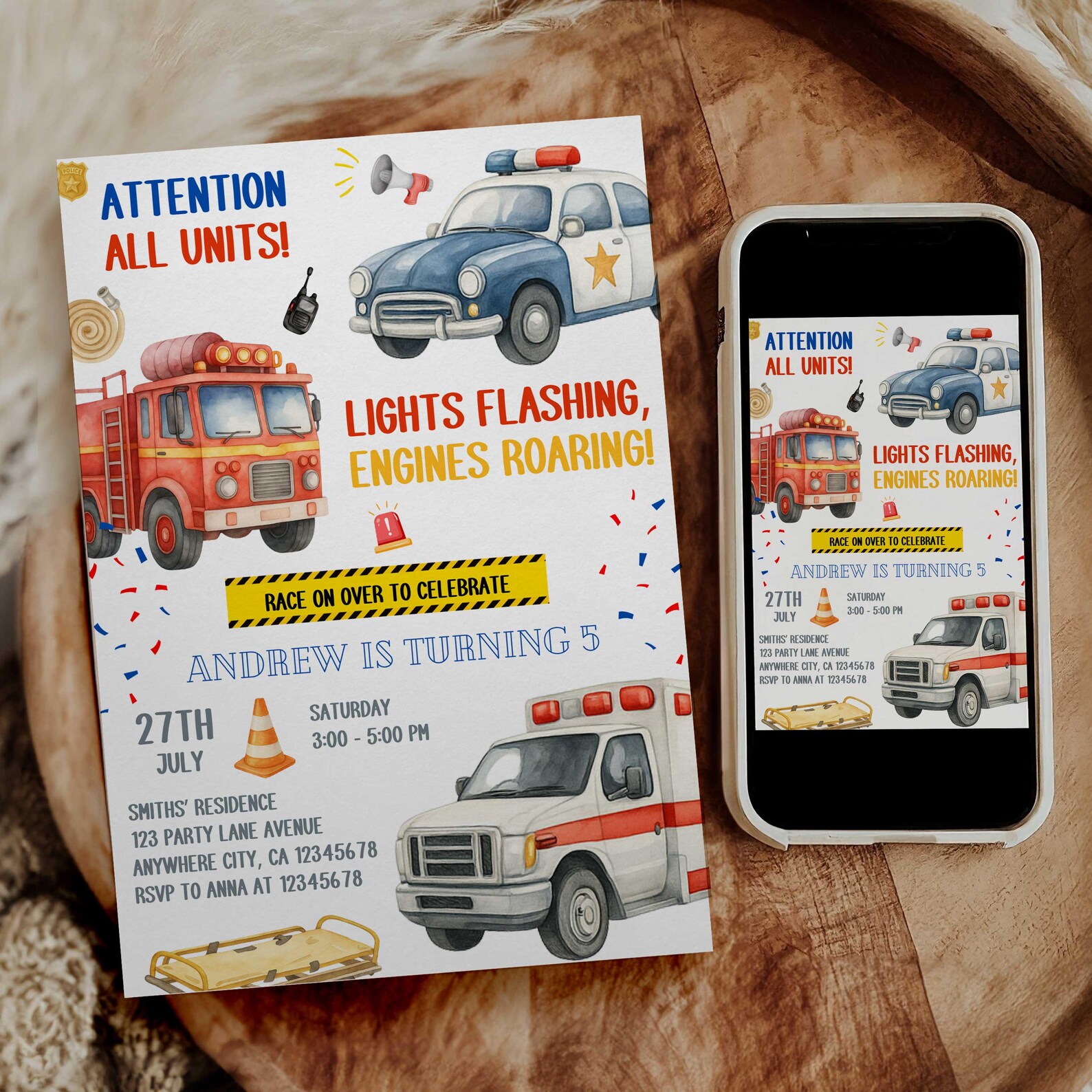 Editable Emergency Vehicles Birthday Invitation, Police Fire Truck ...
