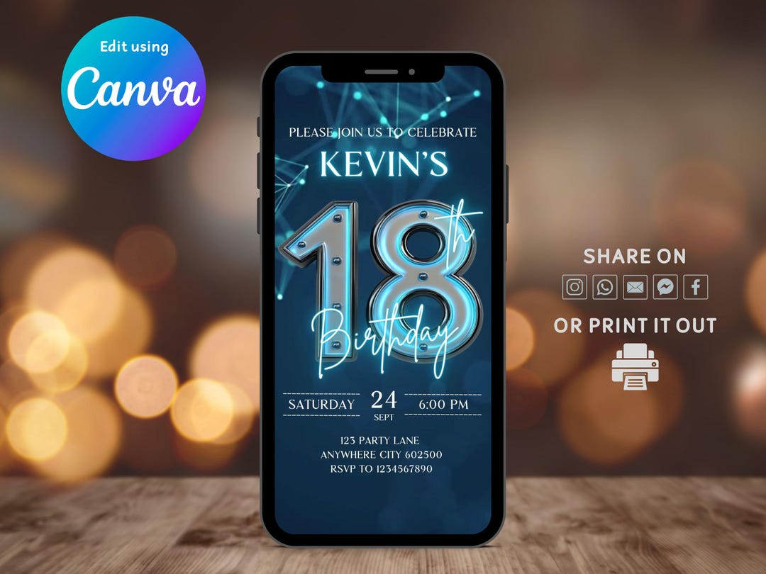 Digital 18th Birthday Invitation Men, Animated 18th E-vite, Neon Blue ...