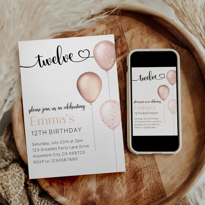 Editable 12th Birthday Invitation Girl, Simple Rose Gold Balloons ...