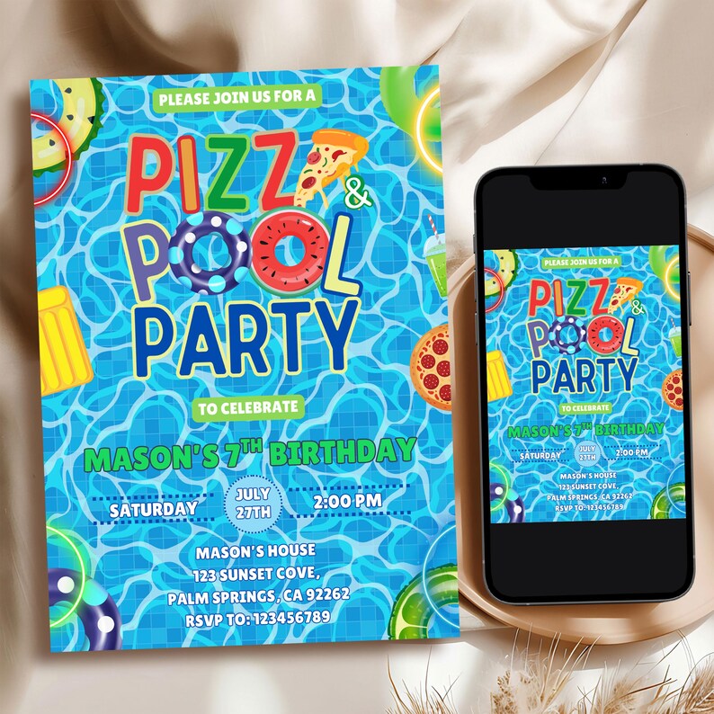Pizza and Pool Party Birthday Invitation, Swimming Party Invitation ...
