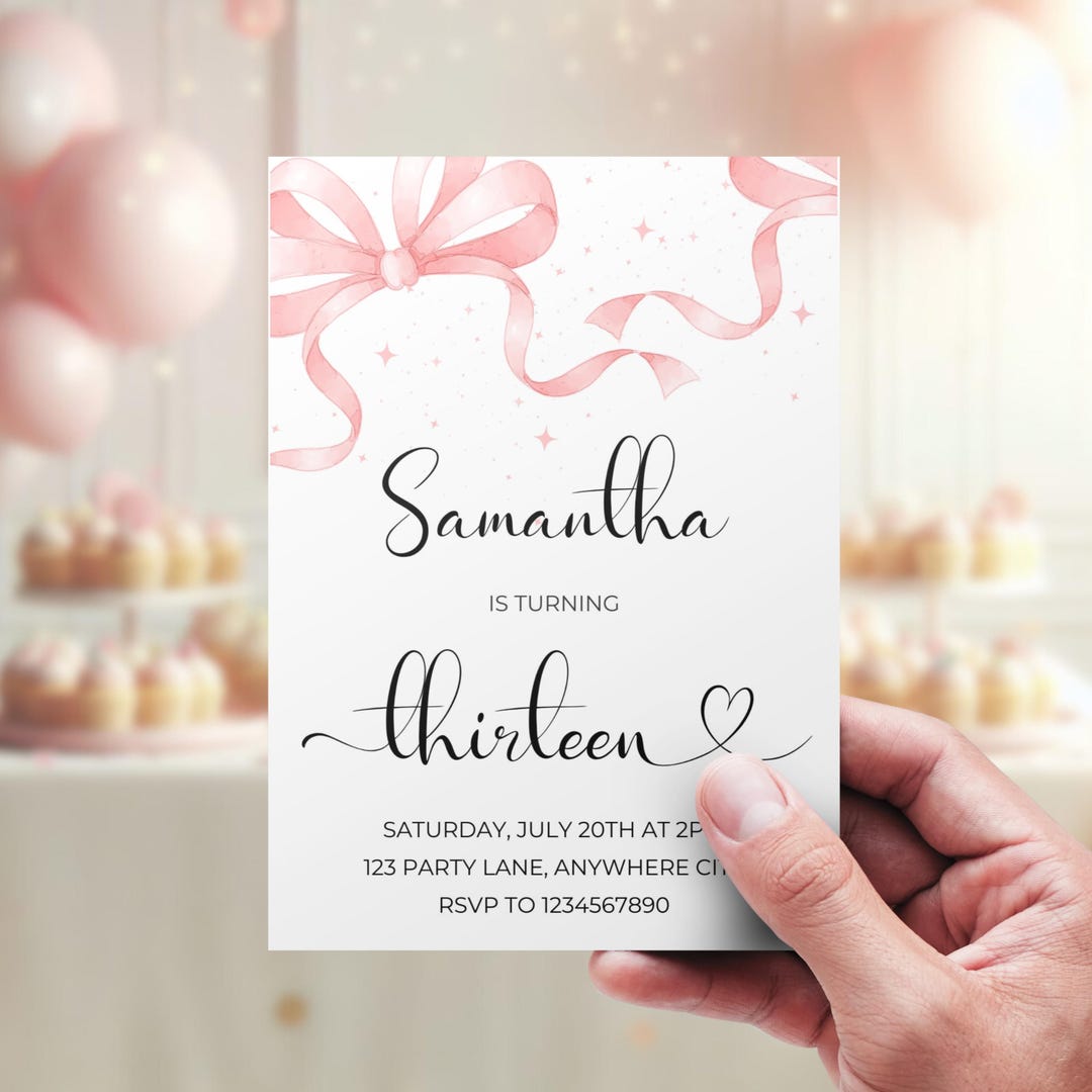 Pink Bow 13th Birthday Invitation, Editable Coquette 13th Birthday ...