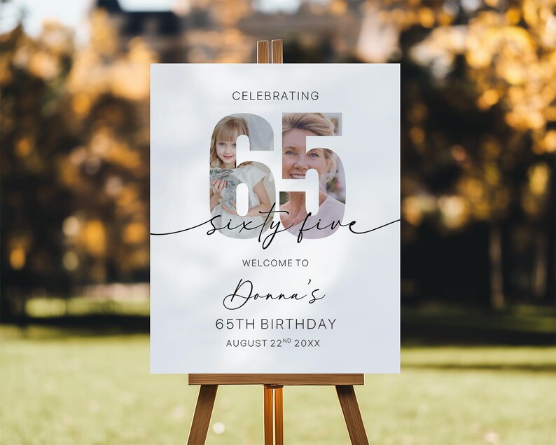 65th Birthday Welcome Sign With Photo, Minimalist 65th Birthday Party ...