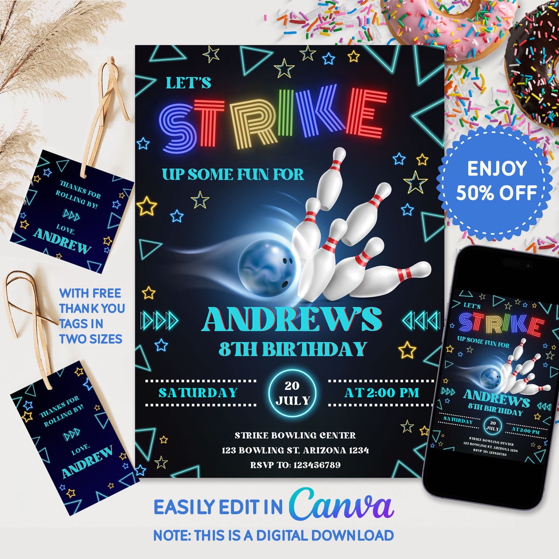 Editable Bowling Party Invite Glow Theme Custom Bowling Invitation Boy ...
