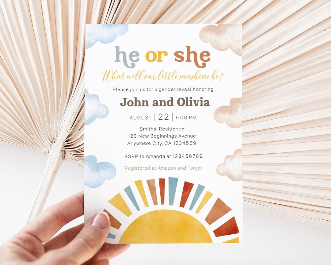 Sunshine Gender Reveal Invitation, Little Sunshine Theme Baby Reveal ...