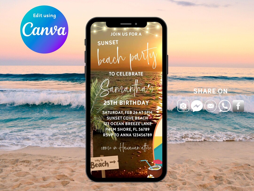 Sunset Beach Party Digital Invitation, Animated Sunset Beach Party ...