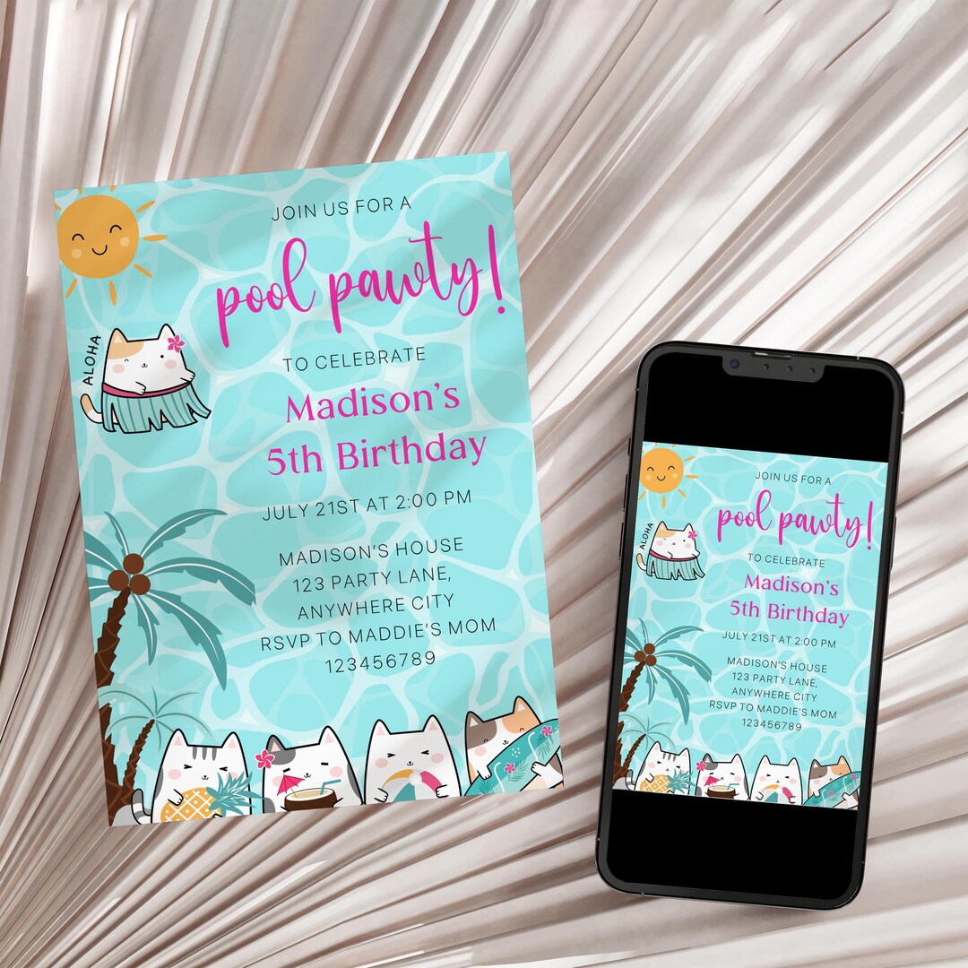 Cat Themed Pool Party Birthday Invitation, Kitten Birthday Invitation ...