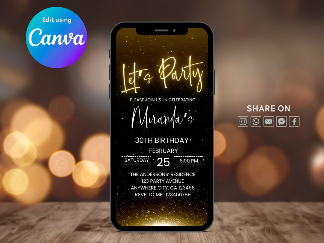 Neon Gold Digital Invitation, Glow Light Animated Invitation Any Age ...