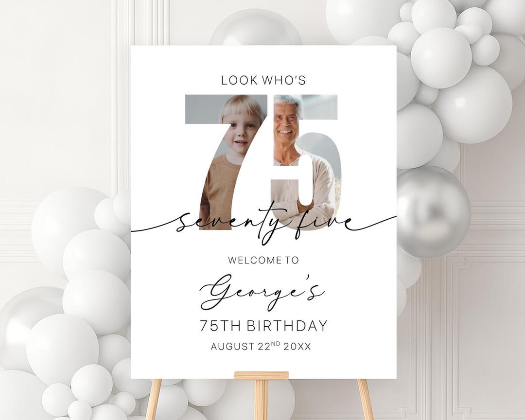 Editable 75th Birthday Welcome Sign With Photo, Minimalist 75th ...