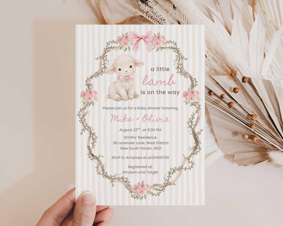 Little Lamb Baby Shower Invitation, Lamb With Pink Bow Girl Shower ...