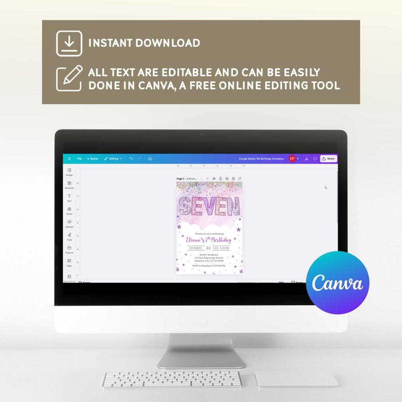 Glitter Purple 7th Birthday Invite, Pastel Rainbow Party Template ...