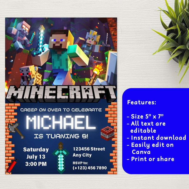 Editable Minecraft Birthday Invitation, Printable Minecraft Birthday ...